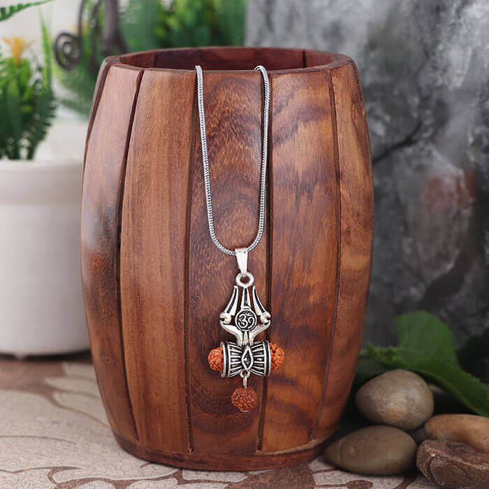 Mahadev Om Silver Locket With Shiva Trishul And Damroo Online ...